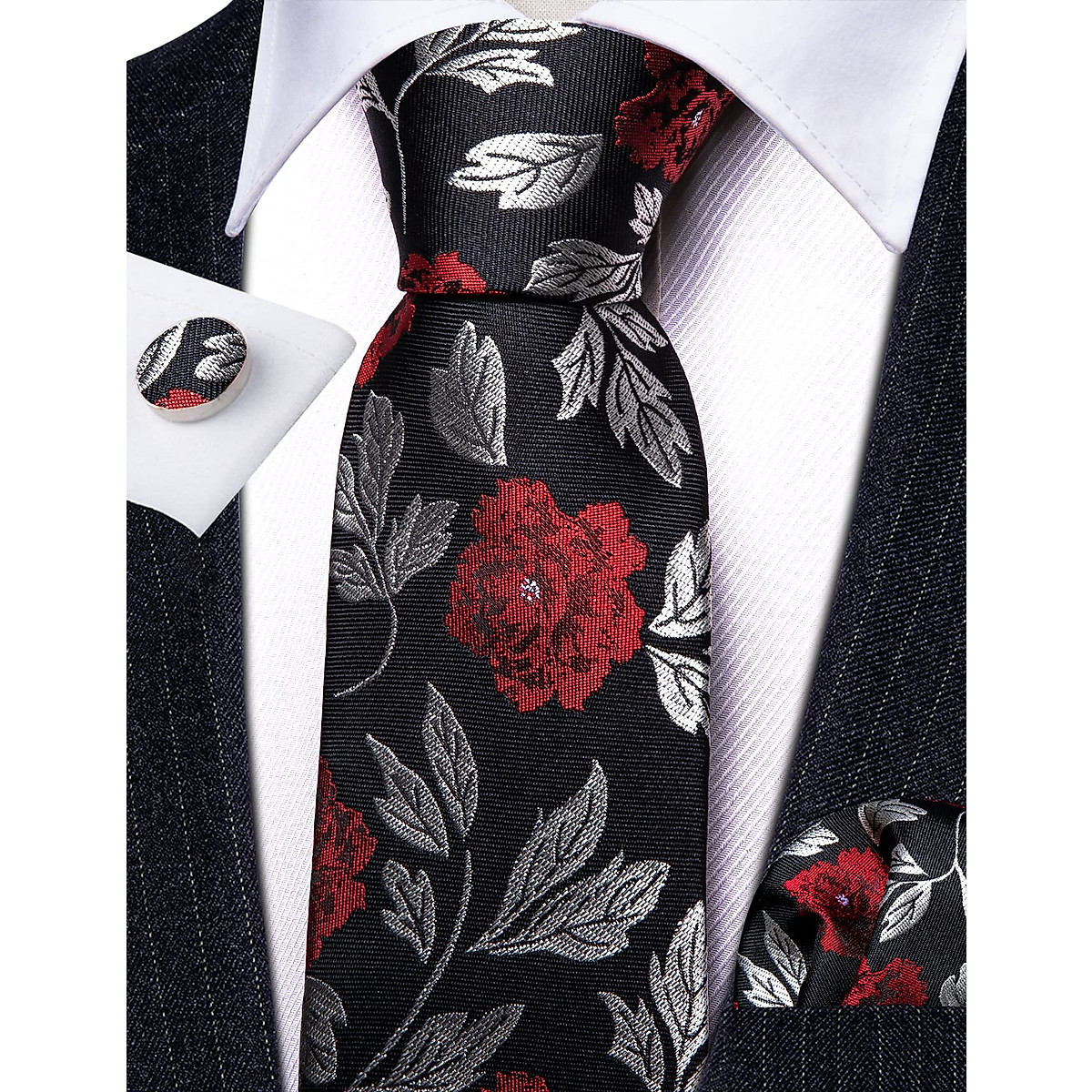 Barry.Wang Men's Classic Floral Necktie Set,Black Red,One Size