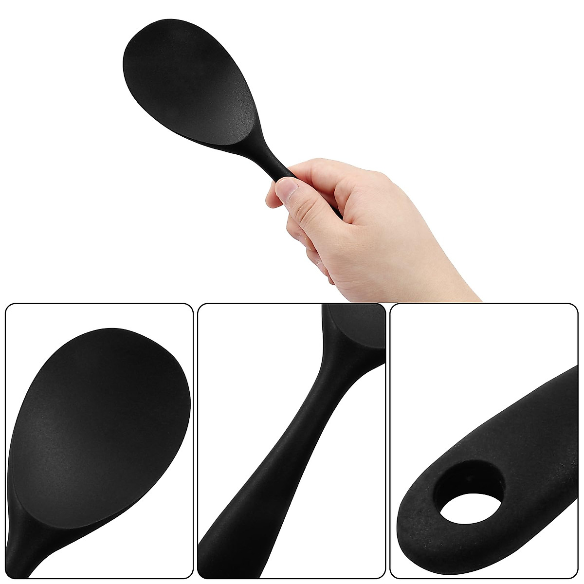 Coufce Black Silicone Rice Paddle Spoon Heat Resistant Rice Spoon Non Stick Rice Spatula Food Grade Kitchen Gadget Rice Scoop for Rice and Mashed Potato Dishwasher Safe
