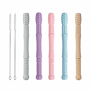 Honboom Soft Silicone Teething Tubes, 5 Pack Hollow Baby Teether Tubes, Baby Chew Straw Toy Soothing Teether Toy for Babies 0-12 Months with a Cleaning Brush, BPA Free (6.69 in)