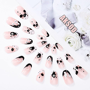 Aksod Ghost Press on Nails Short Glossy Virus Fake Nails Almond Cartoon Designed False Nails Tips Full Cover Cute Halloween Easter Festival Artificial Nails Sets for Women and Gilrs 24Pcs (Style G)