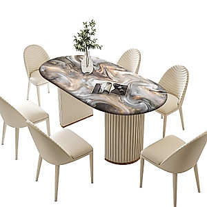 Marble Oval Fitted Tablecloth, Retro Marbling Texture Elastic Edged Table Covers, Sand Brown Wrinkle Resistant Table Cloths for Kitchen Dining, Party, Holiday, Buffet, Fits to 48" x 68" Oval Table