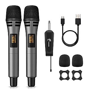 TONOR Wireless Microphones, UHF Dual Karaoke Microphone System, Microfonos Inalambricos with Rechargeable Receiver, Cordless Dynamic Mic Micro Set for Singing, Wedding, DJ, Party, Speech TW320 Grey