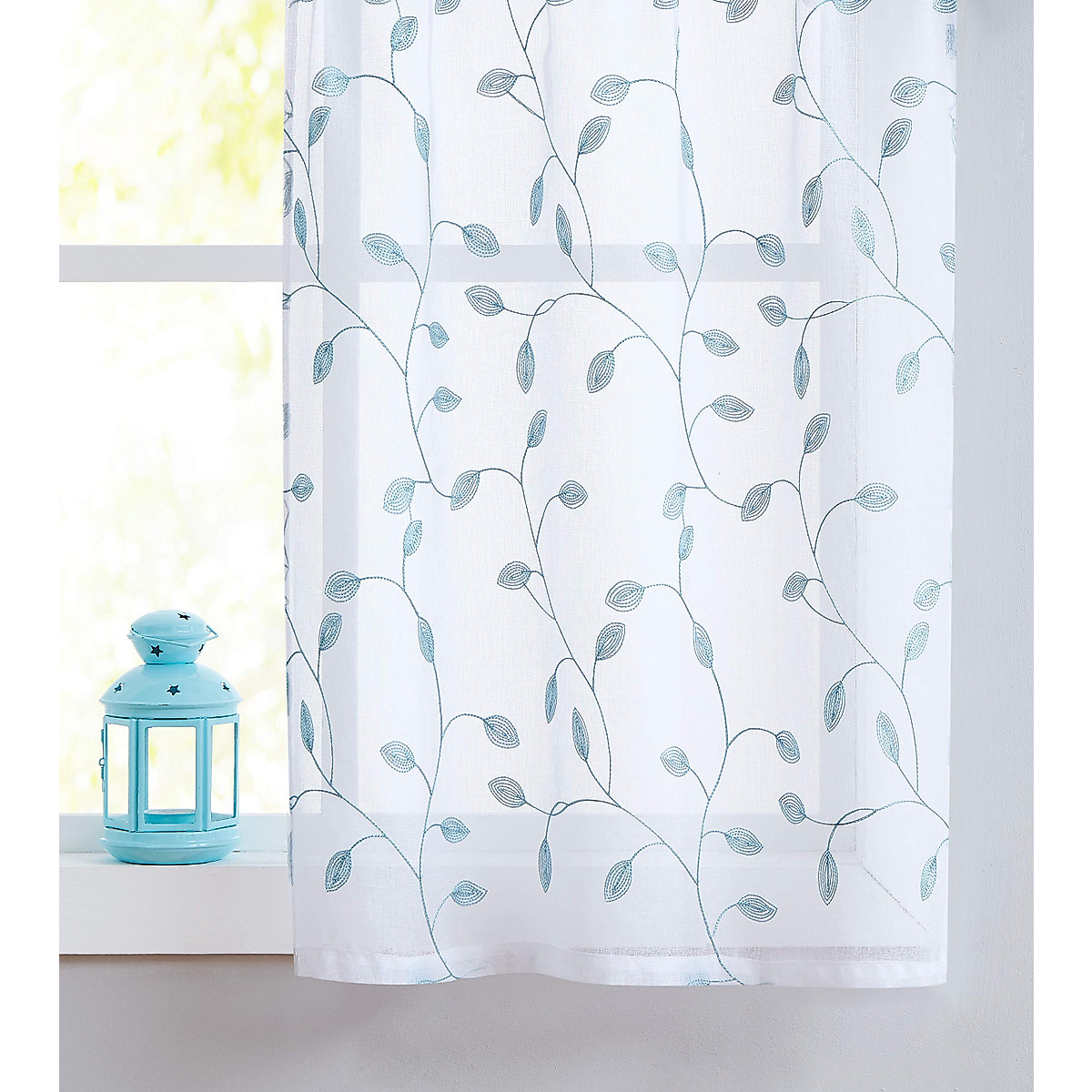 Fragrantex Sheer Kitchen Curtains 36" Length Spa Blue Leaf Embroidered Short Curtains for Bathroom Farmhouse Botanical Window Treatment Set for Cafe/Basement/Laundry,Rod Pocket 28" Wx36 L