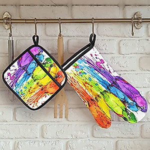 QsirBC Rainbow Color Parrots Oven Mitts Kitchen Oven Gloves for Cooking Baking Heat Resistant Lining Cotton Potholder Pot Holders Hot Pads for Chef Women Men