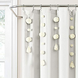 Lush Decor Boho Pom Pom Tassel Linen Shower Curtain, 72" x 72", Off White