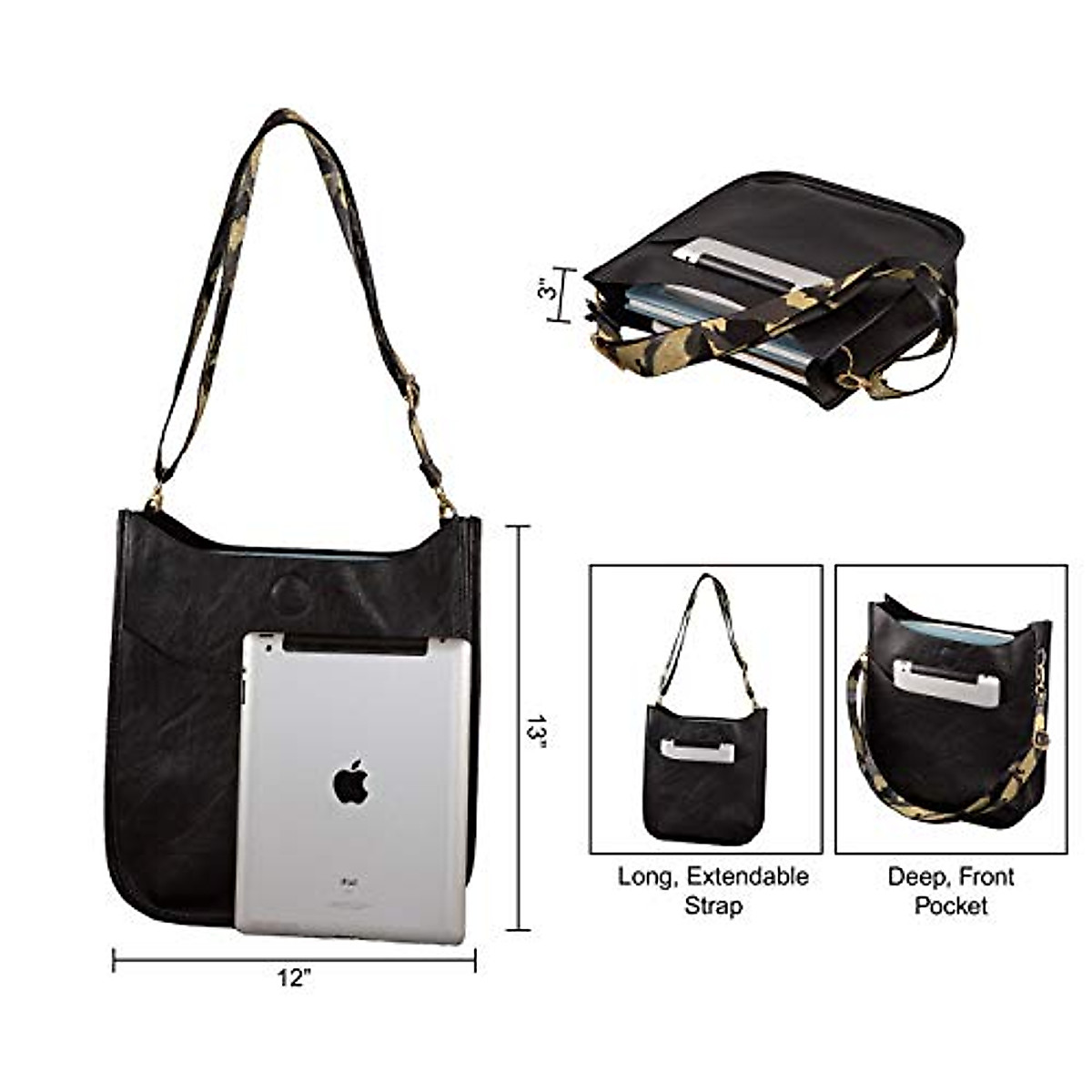 Pinafore Vegan Leather Crossbody Fashion Shoulder Bag | Soft, Magnetic Closure Handbag Purse for Women with Adjustable & Removable Guitar Strap, Black