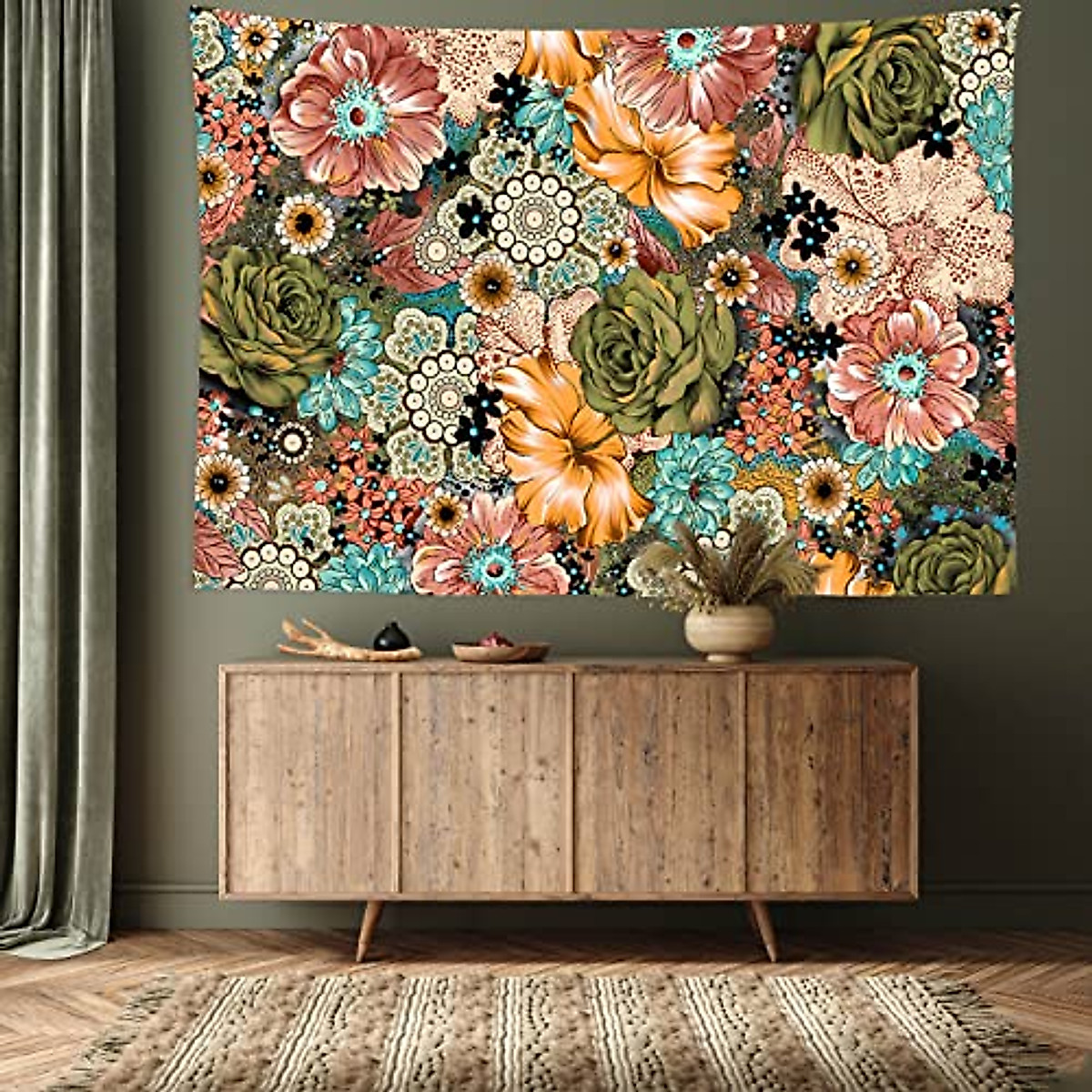 chiinvent Colorful Floral Tapestry Boho Flower Wall Hanging Multi Color Bohemian Flowers Plant Tapestries Botanical Nature Scenery Aesthetic Tapestry Decor for Bedroom Home Party, 59.1" x 82.7"