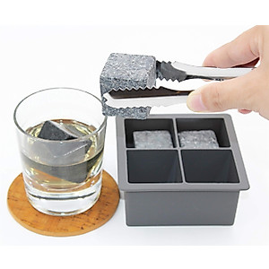 Whisky Stone Set include 4 Large Granite Whisky Rocks + Silicone Ice cube tray + Stainless steel Tong. Large and reusable whisky stone could chill your Whisky & Beverage longer, and keep the drink coo