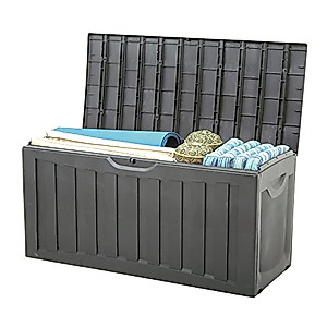 Ram Quality Products Plastic 90 Gallon Outdoor Lockable Backyard Storage Bin Deck Box for Cushions, Toys, Pool Accessories, and Towels, Gray