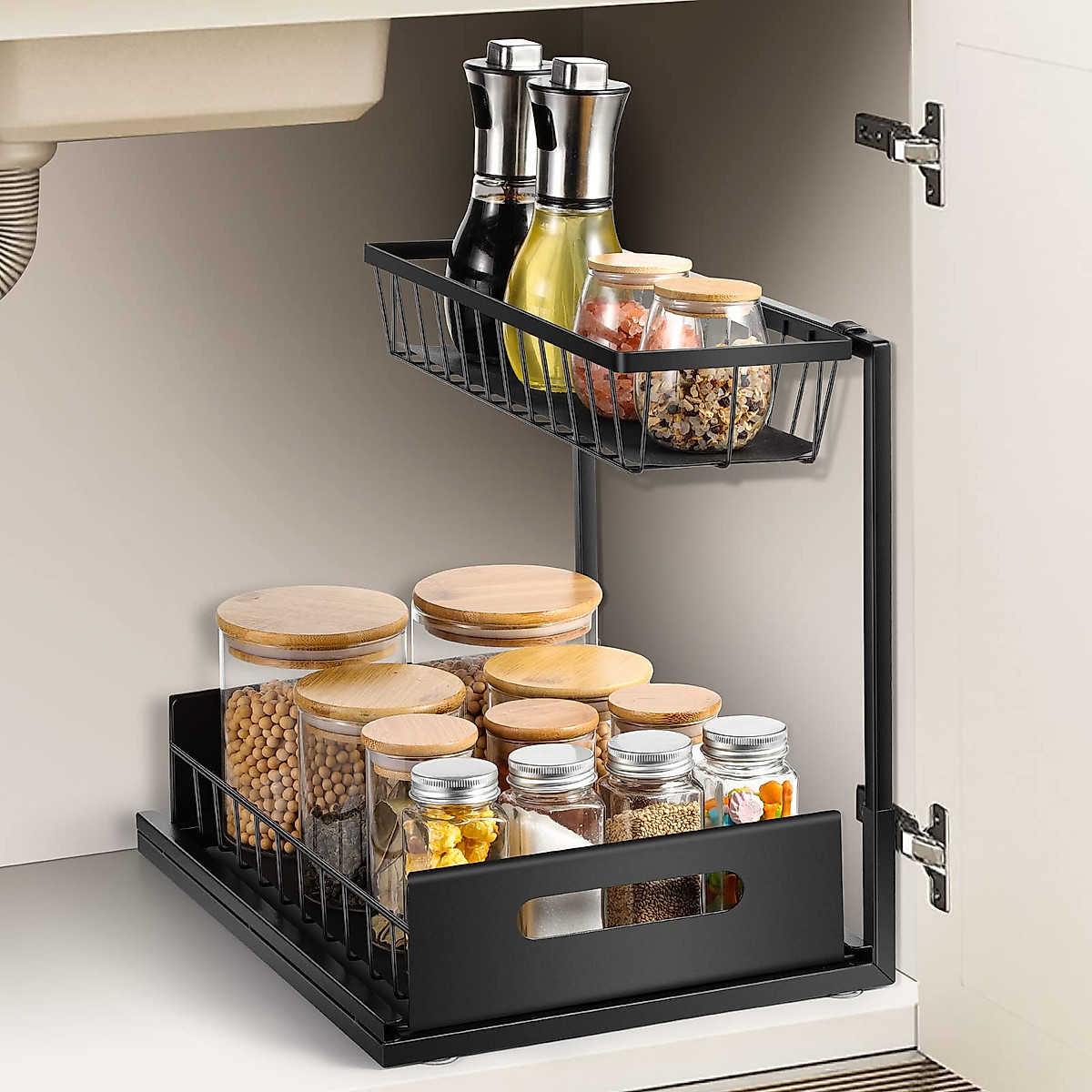 Under Sink Organizer, 2-Tier Pull Under The Sink Storage Organizer, Sliding Organizer Under Sink, For Under Sink Kitchen Organizers and Storage -black…