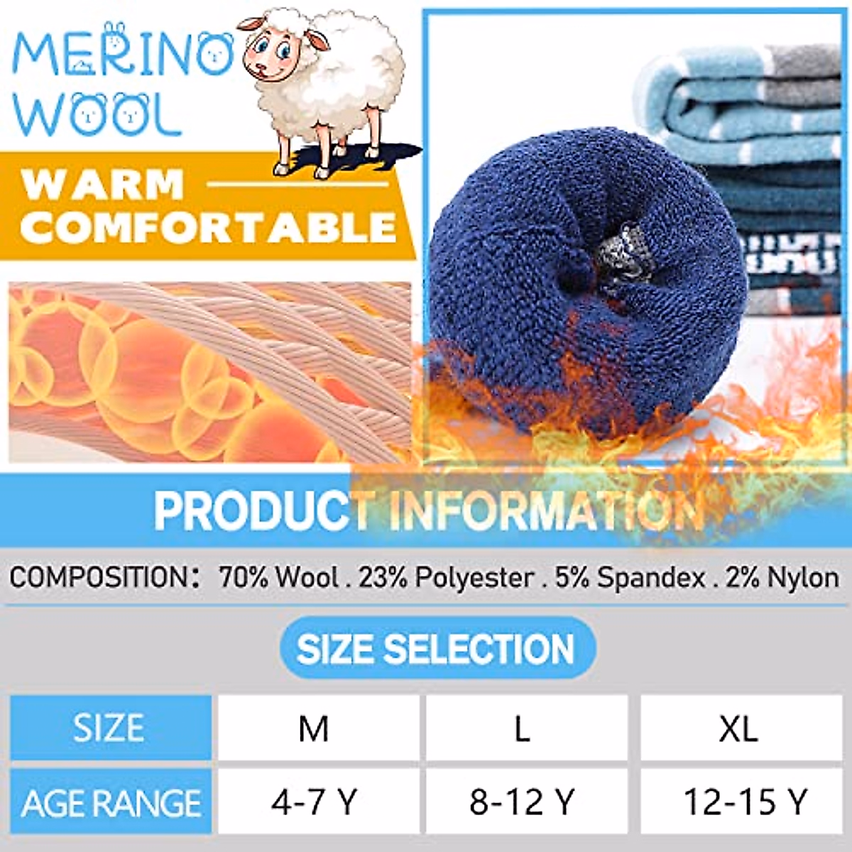 Anlisim Kids Merino Wool Ski Socks for Girls Boys Teen Thermal Winter Warm Thick Hiking Knee High Socks Stocking Stuffers for Skiing Snowboarding (Grey / Dark Blue / Green C, 12-15 Y)