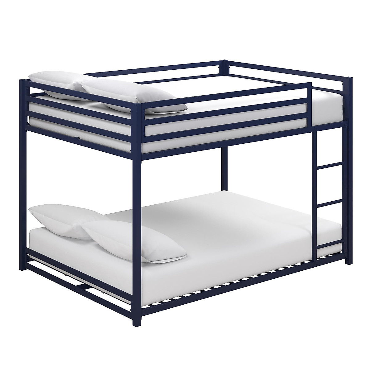 DHP Miles Low Metal Bunk Bed Frame for Kids, With Built-in Ladder, High Guardrail and Metal Slats, Floor Bed Bottom Bunk, No Boxspring Required, For Small Spaces, Full-Over-Full, Blue