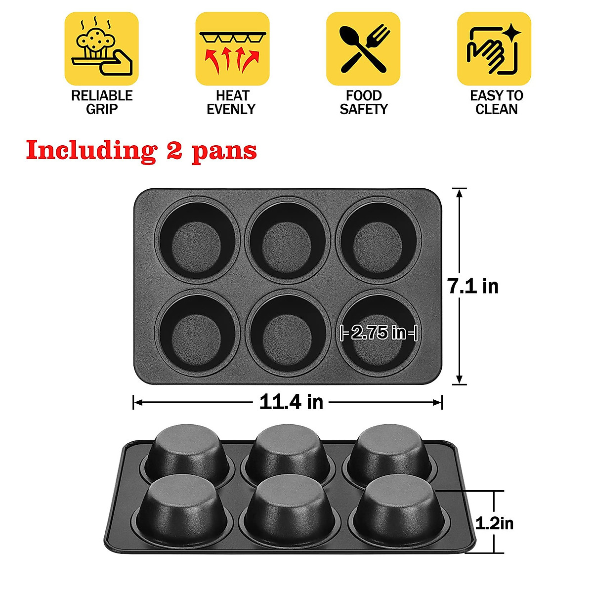 P&P CHEF 6-Cup Muffin Pan Tray Set of 2, Cupcake Pans, Nonstick Coated Stainless Steel Muffin Tin for Baking Mini Egg Cake Brownie Tart, Easy Release & Healthy, Standard Cup Size, Black
