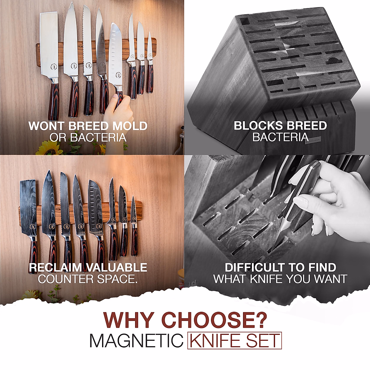 Housewish 8 PC Chef Knives - High Carbon Stainless Steel Knives With Pakkawood Handles | Best Kitchen Knives & Include A Magnetic Strip Holder | Japanese Knives - Home & Professional Chef's Knives Set