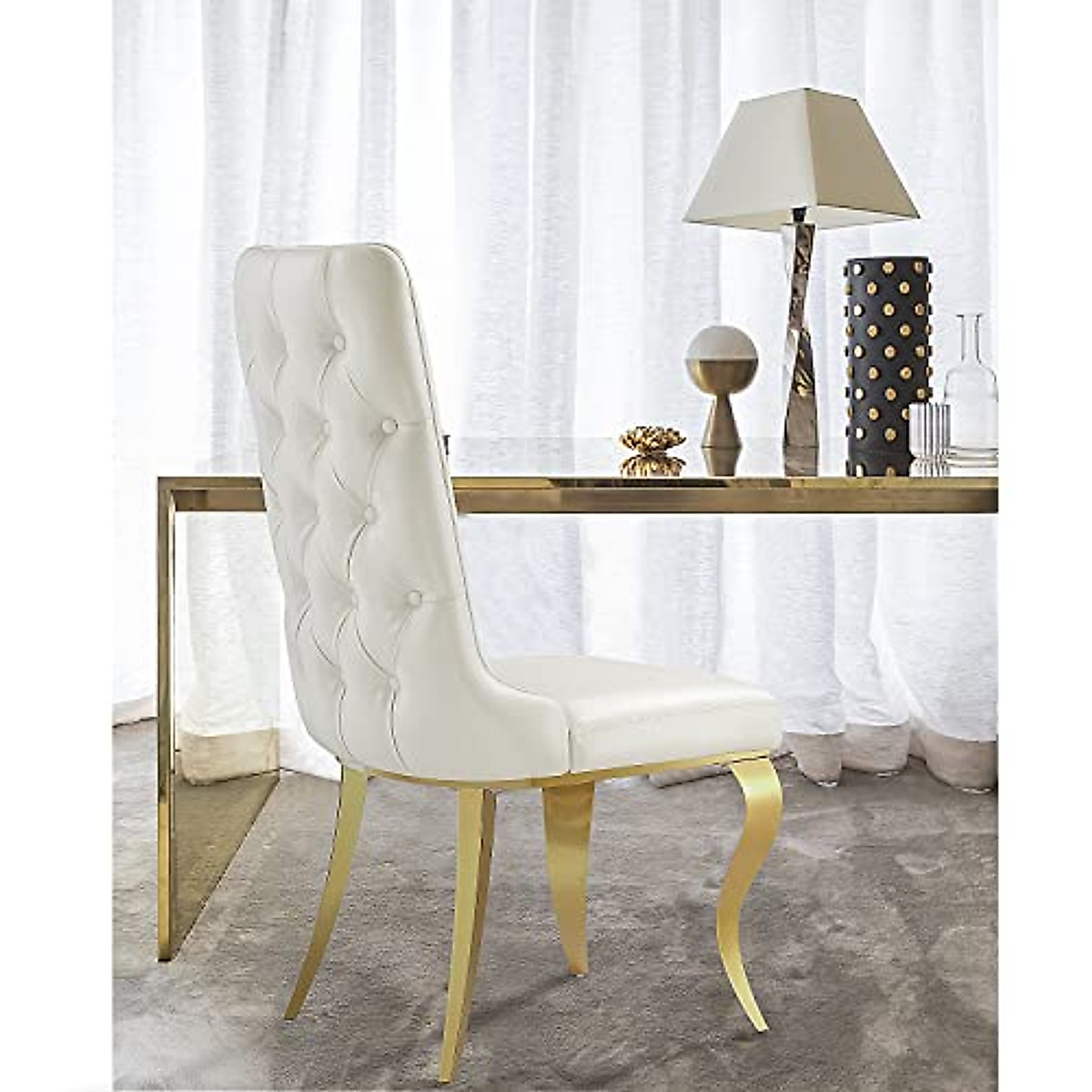 AZhome Dining Chairs, White Faux Leather Upholstered Dining Room Chairs in Button-Tufted Back, Dining Chairs with Gold Legs for Kitchen Dining Room, Set of 2