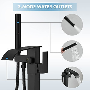 RUMOSE Tub Filler Freestanding Bathtub Faucet Matte Black Floor Mount Tub Faucet Waterfall Free Standing Bathtub Filler High Flow Brass Bath Shower Faucets with Handheld Sprayer