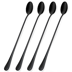 GLAMFIELDS Black 9.5 Inch Long Handle Iced Tea Spoons, Coffee Spoons, Ice Cream Spoon, Stainless Steel Cocktail Stirring Spoons, Set of 4