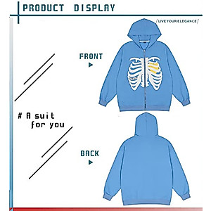 Unisex Skeleton Zip Up Hoodie Fashion Vintage Jacket Graphics E-Girl 90s Sweatshirt for Men and Women (Blue,Small)
