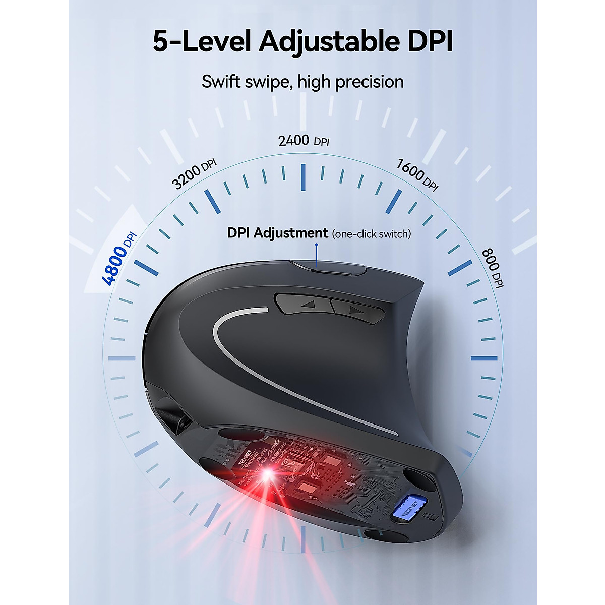 TECKNET Ergonomic Mouse, Rechargeable Vertical Ergo Mouse Wireless, Silent 2.4GHz 6 Buttons Optical Carpal Tunnel Mouse, 5 Adjustment Levels, Up to 4800DPI Wireless Mouse for Laptop, Desktop, PC