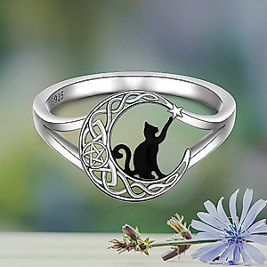 Celtic Knot Cat Ring Thumb Black Matching Cat Sterling Silver Rings for Women Animal Pentagram Pentacle Halloween Cats Lover Gifts Size 10