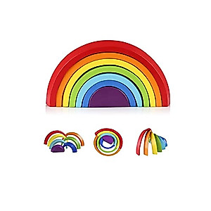 Coogam Wooden Rainbow Stacker Nesting Puzzle Blocks - Tunnel Stacking Game Building Creative Color Shape Matching Jigsaw Learning Toy Set Board Early Development Gift for Kids Boy Girl