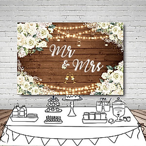 MEHOFOND 7x5ft White Floral Mr & Mrs Engagement Decorations Backdrop Couples Wedding Wooden Background Bride and Groom Engaged Ceremony Anniversary Bridal Shower Party Supplies Photobooth Props