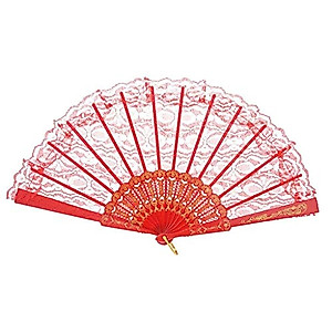 PHONME Decorative Folding Fans Chinese Style Lace Handheld Fans Folding Fan Dance Party Wedding Hand Fan Cool Bamboo Flower Handheld Fans Elegant Hand Fans Vintage Style (Color : Red)