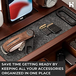 Nightstand Organizer For Men - Wood Phone Docking Station to Charge Your Phone and Organize Your Watch & Accessories - Wood Charging Station with Lined Tray & Drawer - Mens Docking Station Organizer