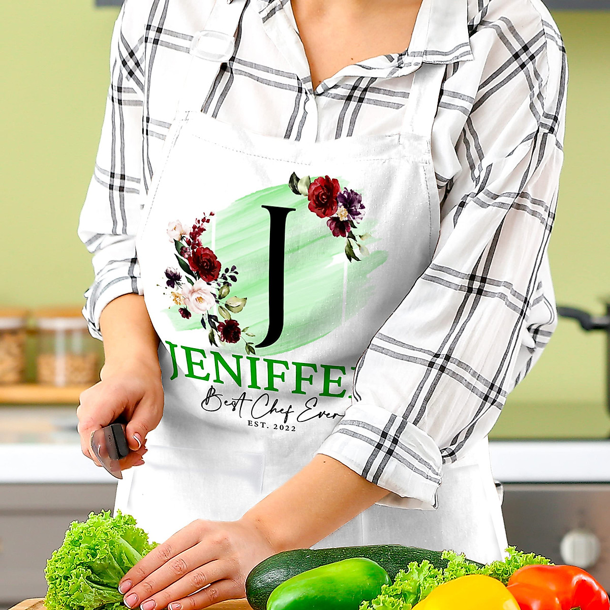 Kitchen Floral Apron Gift for Mother's Day - Personalized Mom Aprons Gifts w/Pockets w/Name for Mother Men for Grilling Cooking BBQ Baking Customized Funny Chef Apron for Mommy Custom Grandpa Gift C1