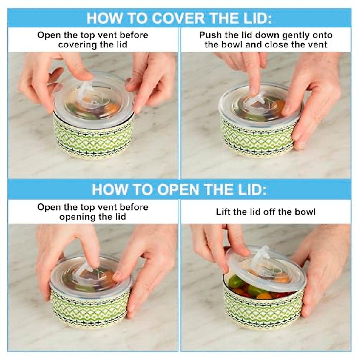 Signature Housewares Ceramic Bowl Set with Vented Lids, Serving Bowls with Lids, 5 Inch Prep Bowls for Kitchen, Lunch, Picnic, 21 Oz Set of 4 Stoneware Storage Bowls