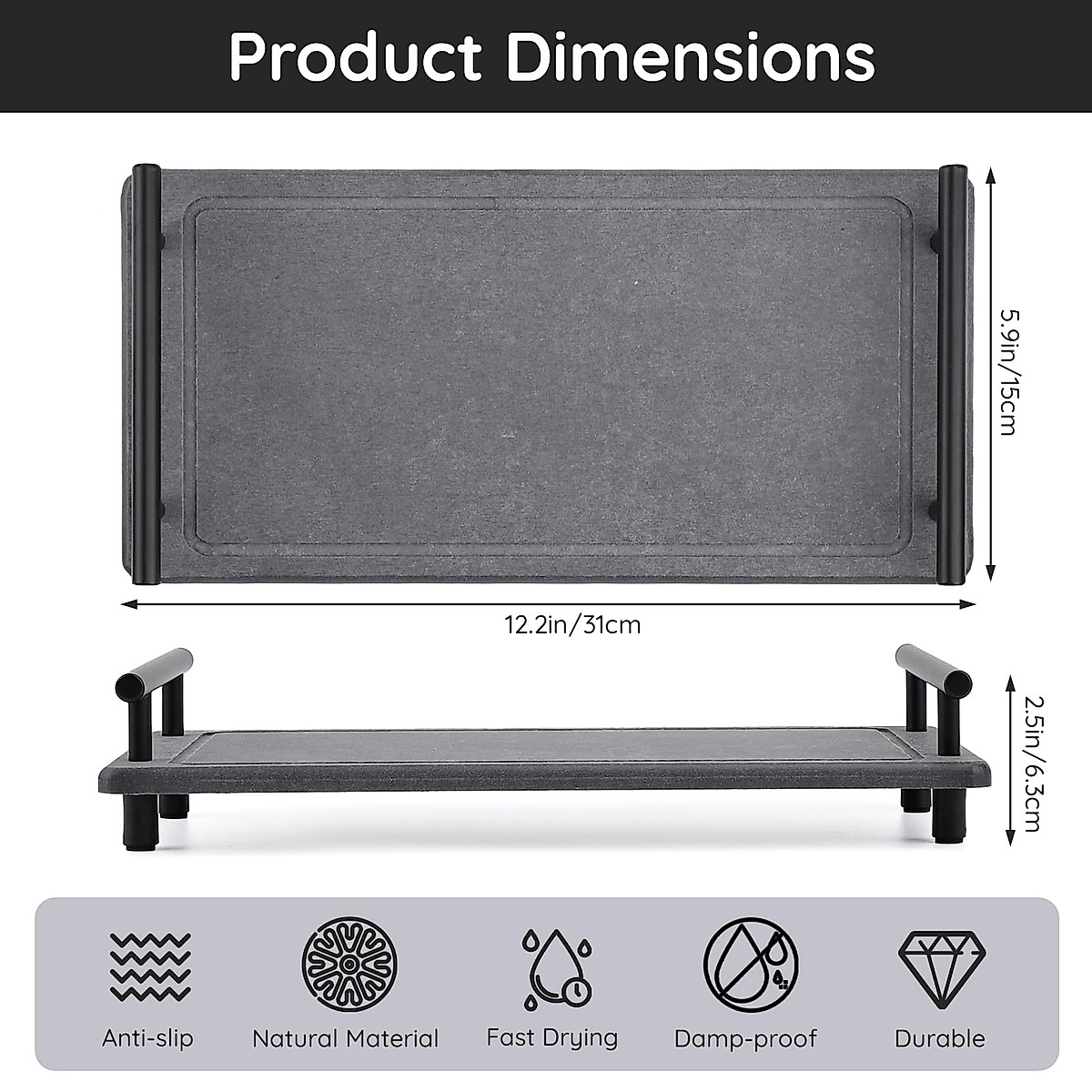 Segbeauty Vanity Tray Large, Instant Stone Drying Tray for Bathroom Kitchen, Diatomaceous Tray Fast Dry Stone Drying Mat for Kitchen Counter Bathroom Counter Tray Soap Organizer Mat with Handle