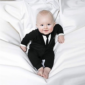 The Tiny Universe Baby Boy Onesie Dress Suit & Tie - Baby Romper, Formal Body Suit, Jumpsuit Gentleman Outfit - Original Swedish Design (All Black, 68 / 6M)