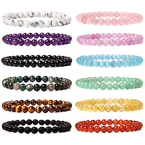 JEWPARK 12Pcs 6mm Gemstone Beaded Bracelets for Women Tiny Crushed Stone Crystal Couples Unisex Stretch Bracelets Jewelry