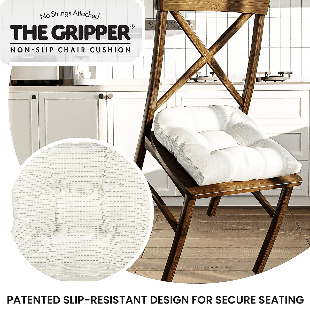 Klear Vu Gripper Overstuffed Universal Non-Slip Dining Chair Cushions for Kitchen Decor or Office Use, U-Shaped Skid-Proof Seat Pad, 17x17 Inches, 2 Count (Pack of 1), Solid Ivory