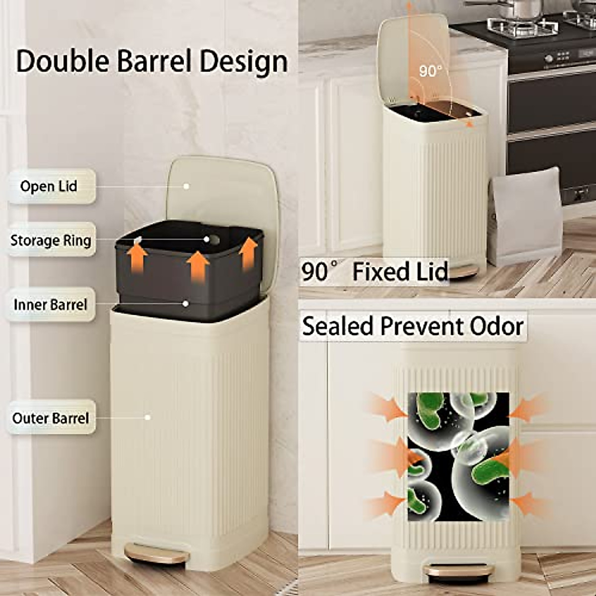 Aupekro Trash Can with Lid Soft Close, 5.2 Gallon Stainless Steel Garbage Can with Removable Inner Bucket, Rectangular Pedal Step Trash Can for Kitchen, Living Room, Office (Milky White)