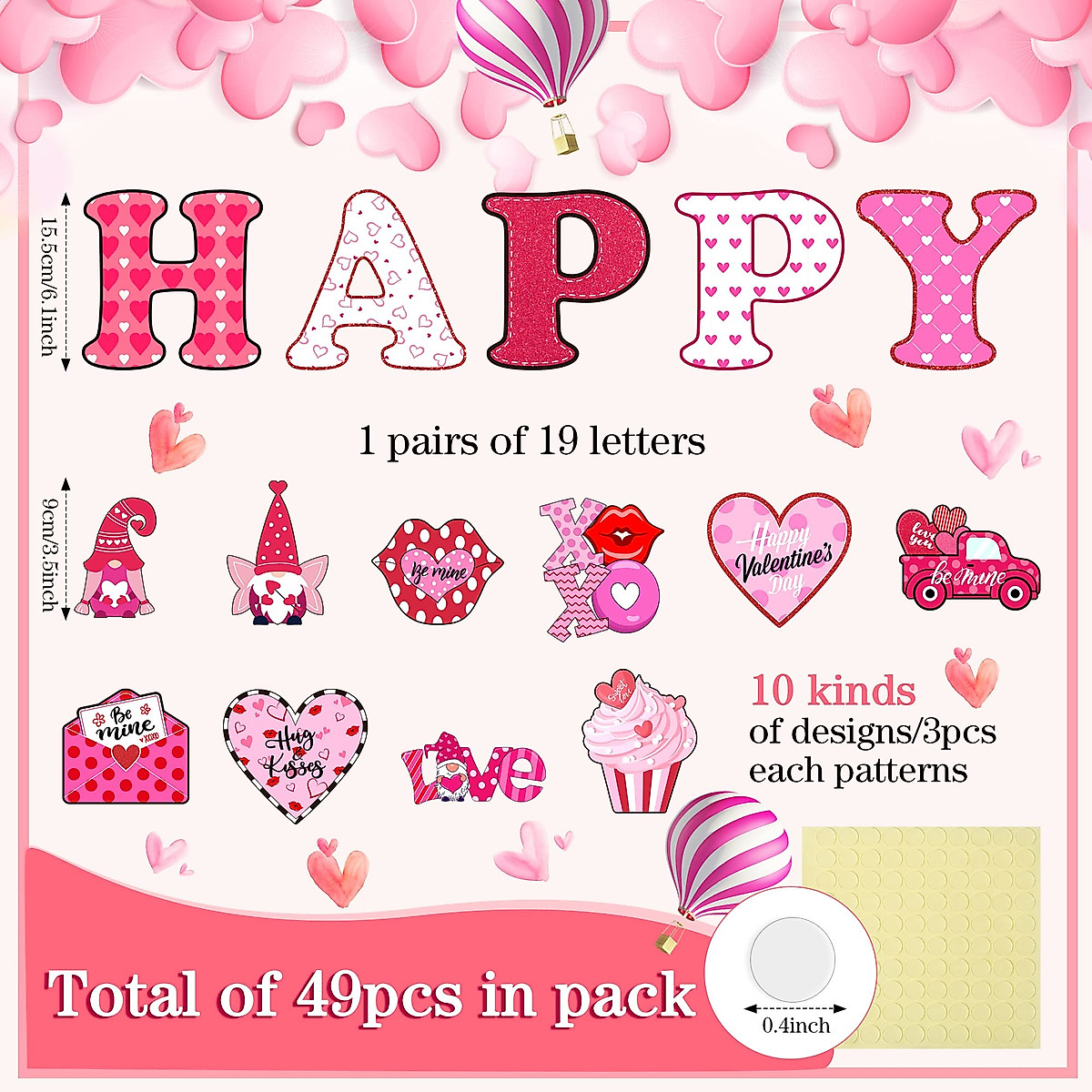 69 Pieces Valentine's Day Cutouts Romantic Gnome Heart Cutouts with 100 Pieces Glue Point Dots Valentines Day Bulletin Board Decorations Valentine Cardboard Paper Cutting for Classroom Decoration