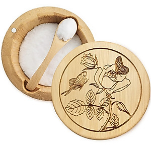 ThougrLyh Bamboo Salt Cellar Box Container Bowl with Lid and Spoon Kitchen Spice Cellars Salt Holder Saver Jar with Swivel Magnetic Lid to Storage Salt Pepper Seasonings