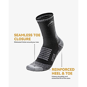 SAMSOX 2-Pack Merino Wool Hiking Sock, Made in USA, Black/Grey L