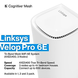 Linksys Velop Pro WiFi 6E Mesh Router - Cognitive Mesh with 6 GHz, 5.4 Gbps Speeds, 9000 sq. ft. Coverage, 200+ Devices - 3 Pack