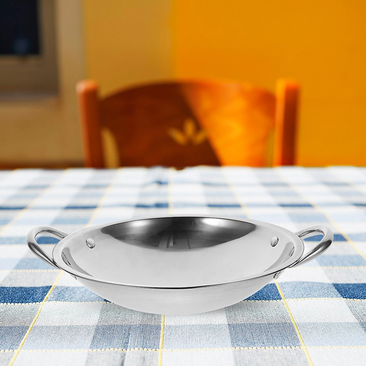 MAGICLULU Paella Pan Stainless Steel Wok Stir Fry Pans with Double Handle 24cm Cooking Pan Round Bottom Frying Pan Stew Pot Skillet Works Casserole Pots Pans