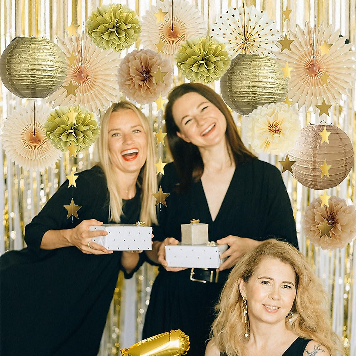 Brown Gold Party Decorations Paper Lanterns Cream Tissue Paper Pom Poms Flowers with Star Garland for Brown Birthday Party Rustic Wedding Baby Shower Retirement Gold Graduation Decorations