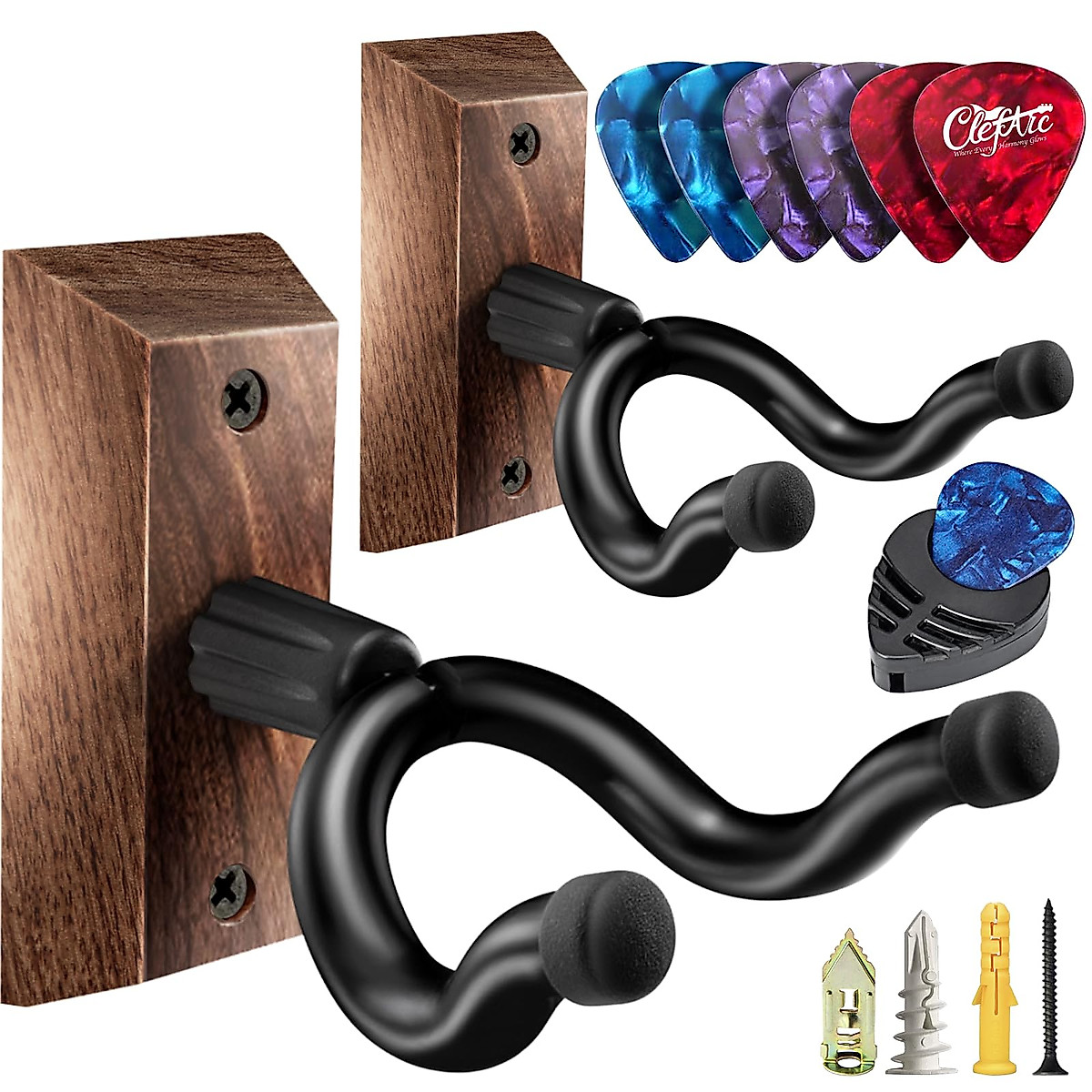 ClefArc Guitar Wall Mount 2 Pack, Black Walnut Guitar Wall Hangers, Guitar Picks, Pick Holder, Guitar Accessories, U-Shape Hardwood Guitar Hanger, Gifts for Guitarists, with 6 Assorted Guitar Picks