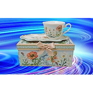 Lightahead® New Bone China Unique Tea Coffee Cup 10 oz and Snack Saucer Set in a Reusable Handmade Gift Box with Ribbon elegant floral design in attractive gift box