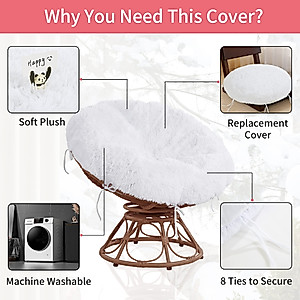 ROYALAY Faux Fur Cover for Papasan Cushion with Fluffy Plush,Shaggy Slipcover, Removable Chair Cushion Cover with 8 Ties-Cover Only-Fit 50-52 in (55 in, White)