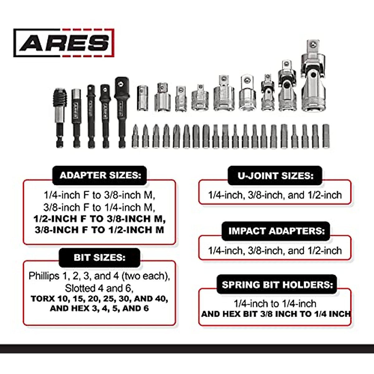 ARES 70751-34-Piece Socket Accessory Set - Includes Adapters, Universal Joints, Bit Holders, and Bits - Magnetic Organizer for Ideal Accessory Storage