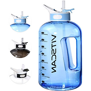 128OZ/1 Gallon Water Bottle with Straw Motivational Water Bottle with Time Marker, Large Water Bottle 128 Oz Water Bottle, Big Water Jug for Sports Water Bottles, Two Handles BPA Free (Blue)