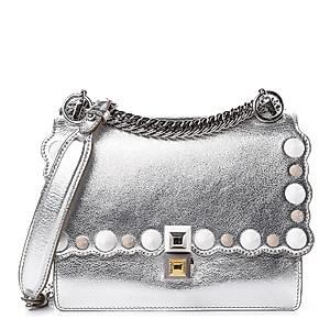 Fendi Kan I Metallic Silver Calfskin Scalloped Studded Small Shoulder Bag 8M0381