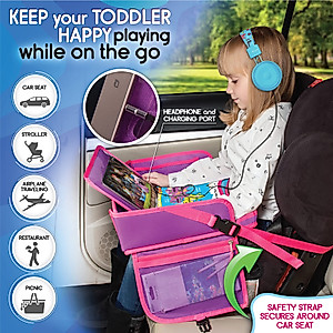 ECOFANTASY Kids Travel Tray - Waterproof Lap Table with No-Drop Large Tablet Holder - Car Seat Tray - Road Trip Essentials Kids - Car Desk Organizer for Airplane - Toddler Travel Essentials (Pink)