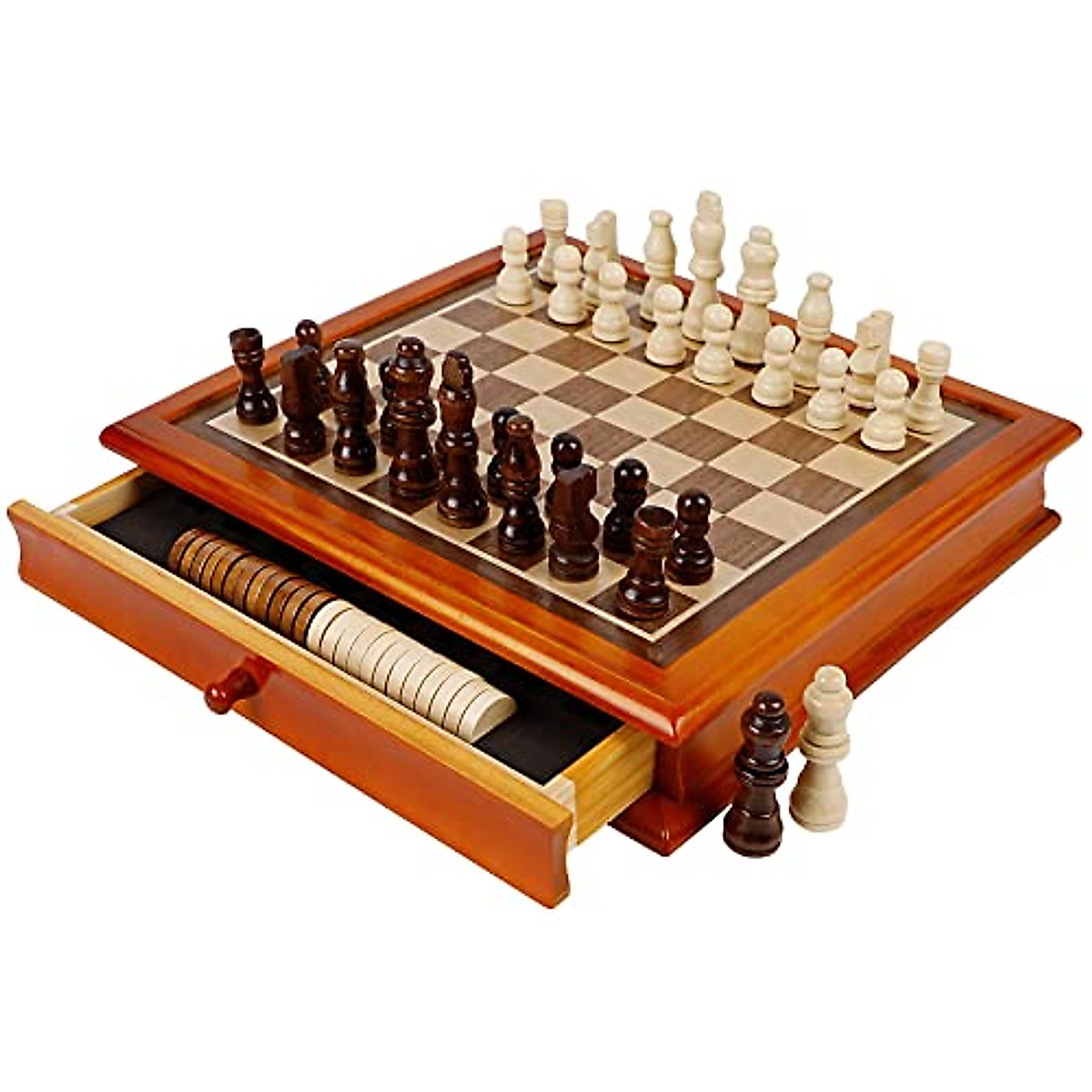 Juegoal Wooden Chess & Checkers Set with Storage Drawer, 12 Inch Classic 2 in 1 Board Games for Kids and Adults, Travel Portable Chess Game Sets, 2 Extra Queen, Extra 24 Wooden Checkers Pieces