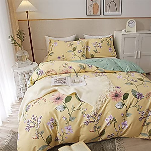 PinkMemory Queen Duvet Cover Yellow Garden Floral 100% Cotton,Reversible Yellow and Green Flower Pattern Bedding Duvet Cover Set Full Queen with Pillowcases Soft Durable Zipper-No Comforter Insert